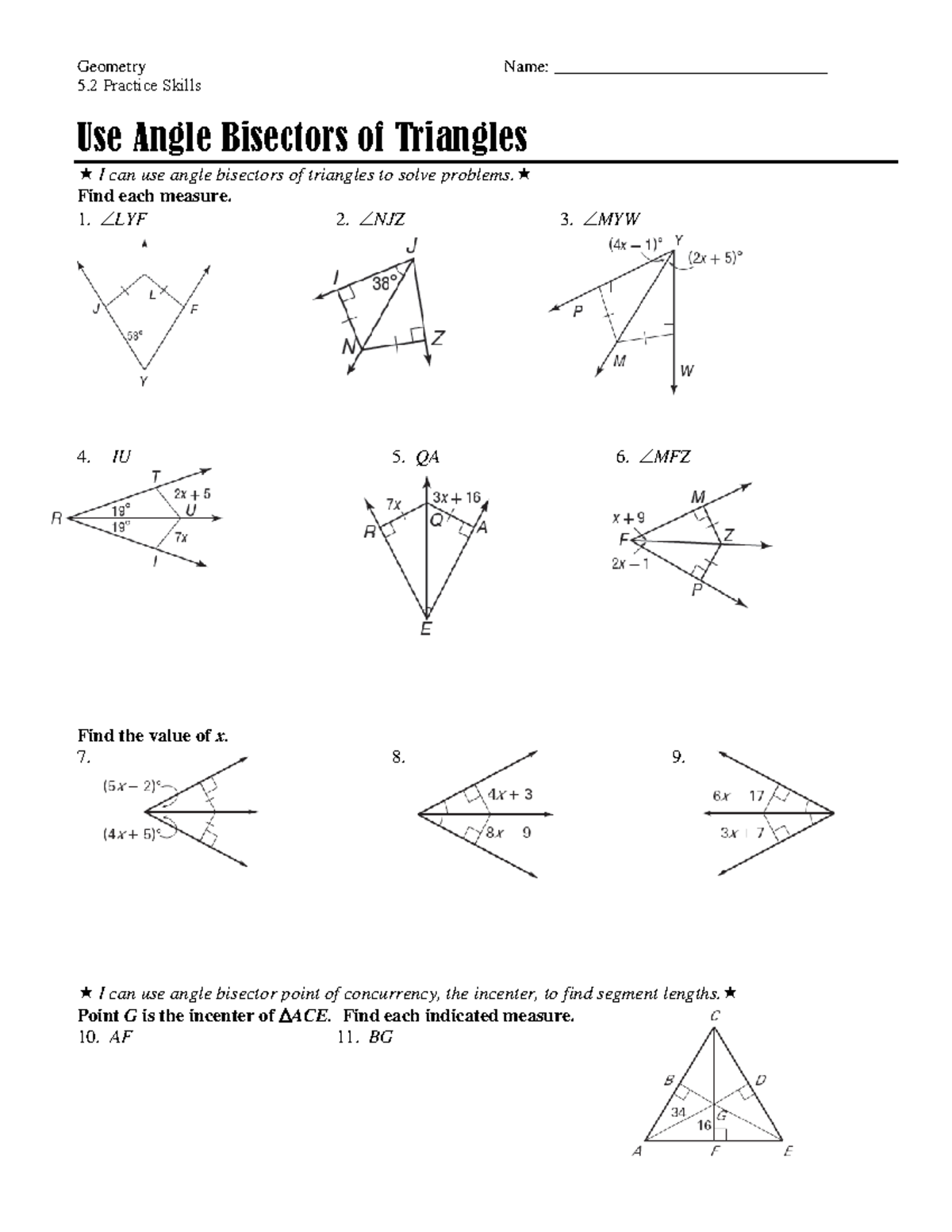 Geometry 5.2 Angle Bisectors Practice and Skills Review - Studocu