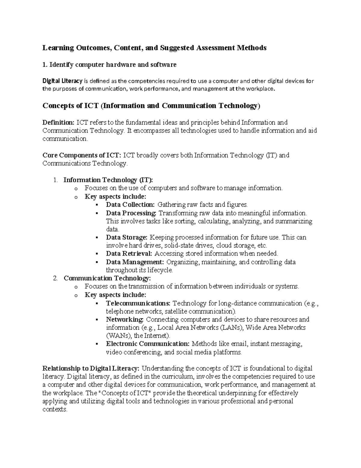 Digital Literacy: Learning Outcomes and Assessment Methods - Studocu