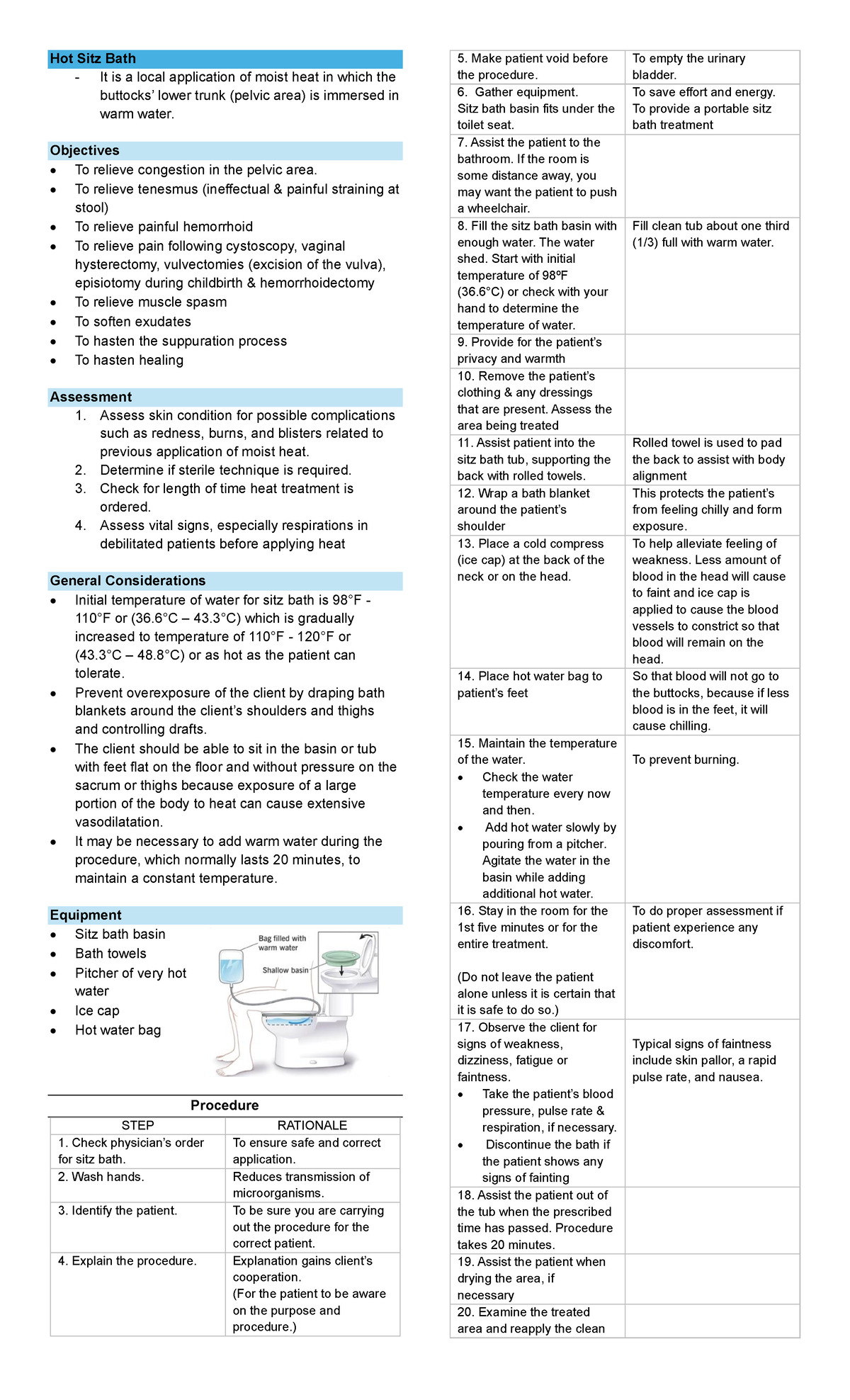RLE-OFI - Hot Sitz Bath Procedure and Assessment Guide - Studocu