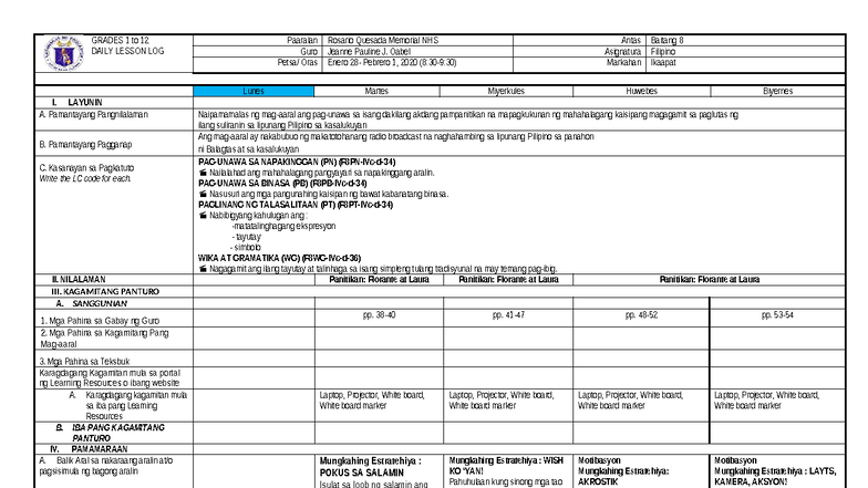GRADES 1-12 DAILY LESSON LOG: FILIPINO GRADE 8 (WEEK 3) - Studocu