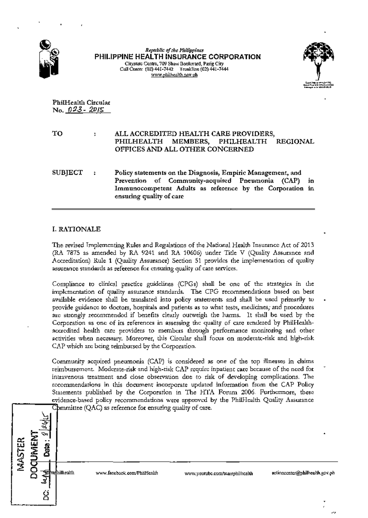 PhilHealth Circular 023-2015: Guidelines for Community-acquired ...