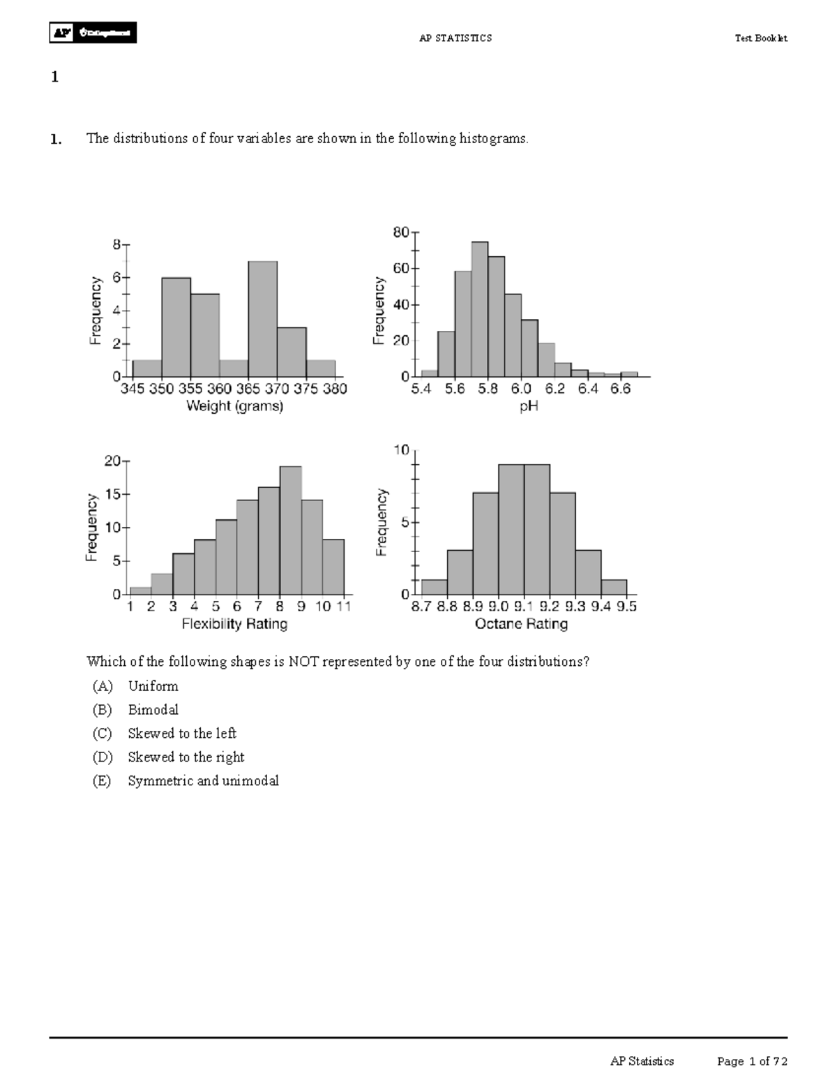 AP STATISTICS Test Booklet 1: Distribution Analysis and Statistical ...