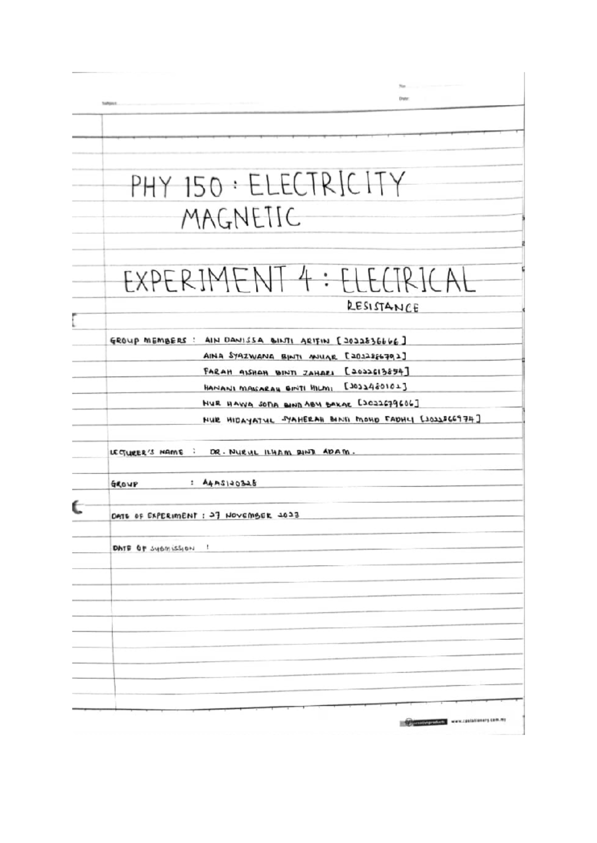 Lab Report: PHY 150 - Electrical Resistance Experiment 4 - Studocu
