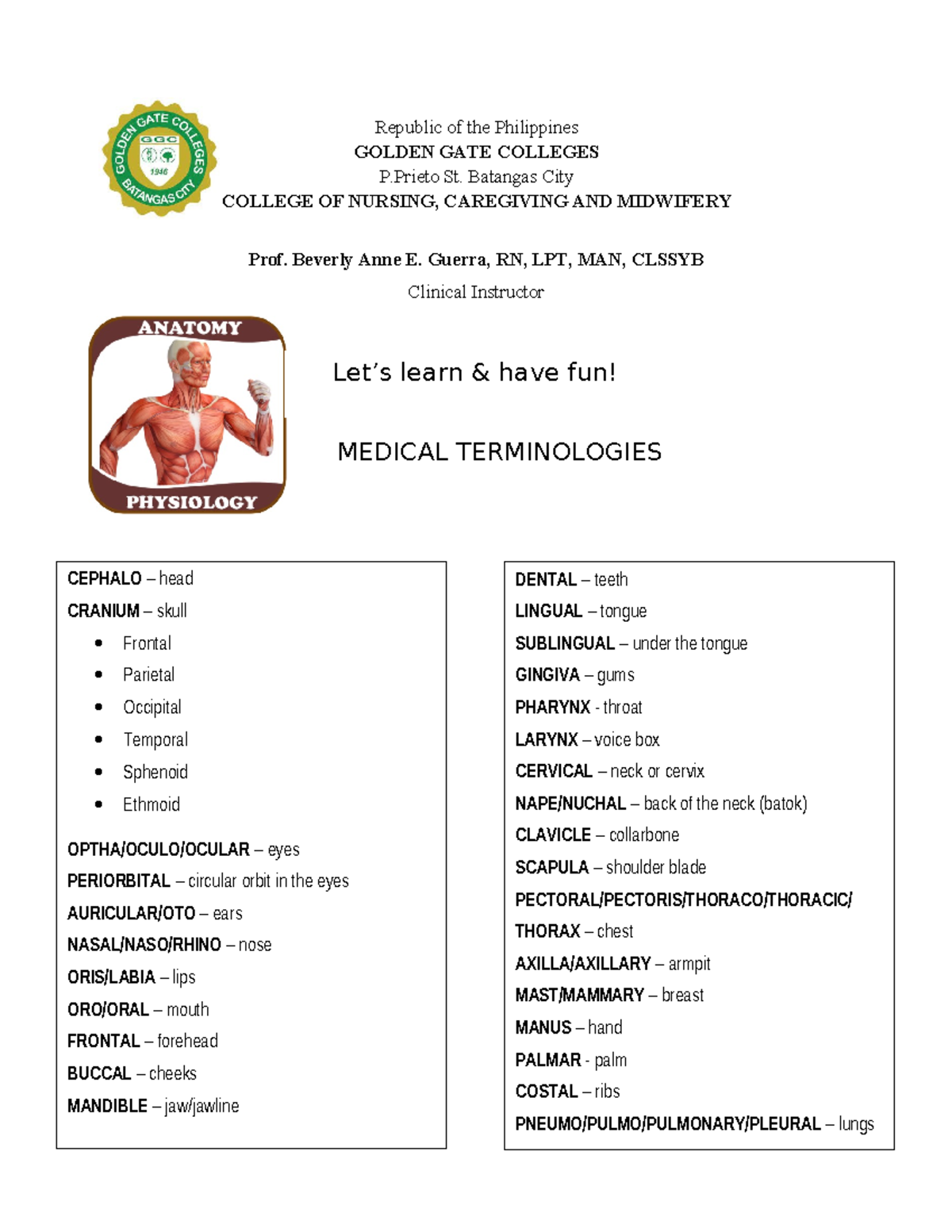 Anatomical Concepts: Medical Terminologies for Nursing (NURS 101) - Studocu