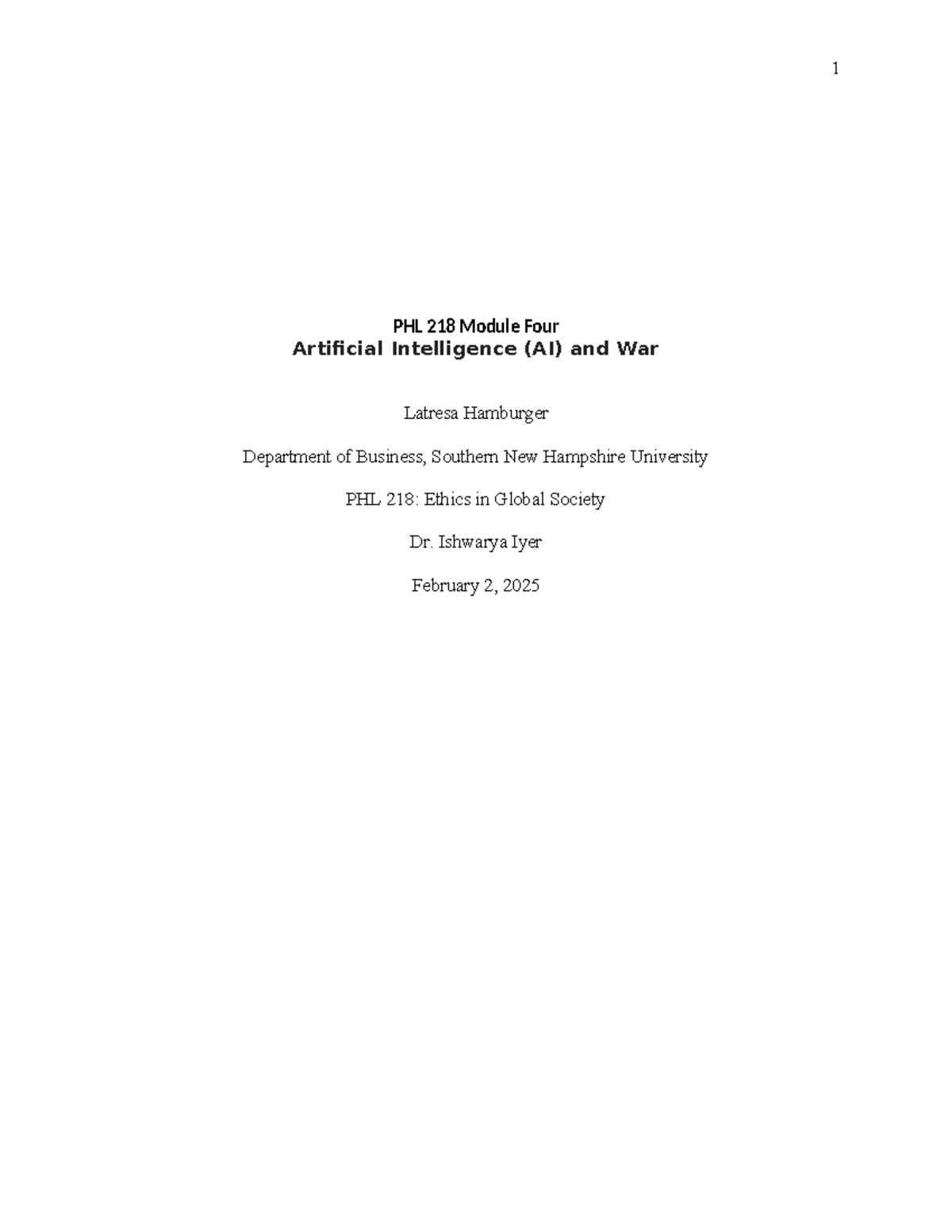 PHL 218 - Module 4: Ethical Implications of AI in Warfare - Studocu