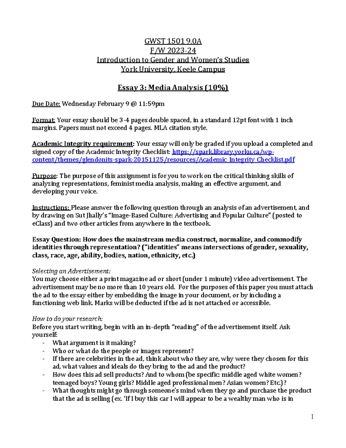 GWST1501 A Essay 3 Media Analysis - 1 GWST 150 1 9 .0A F/W 202 3 - 24 ...