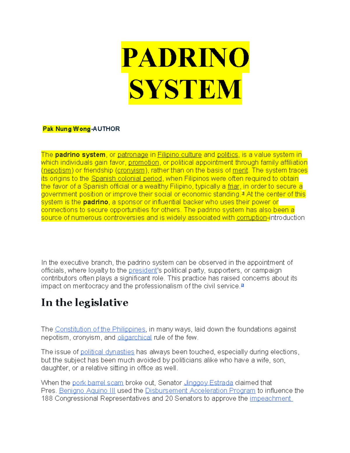 PADRINO SYSTEM: Understanding Patronage in Filipino Politics - Studocu
