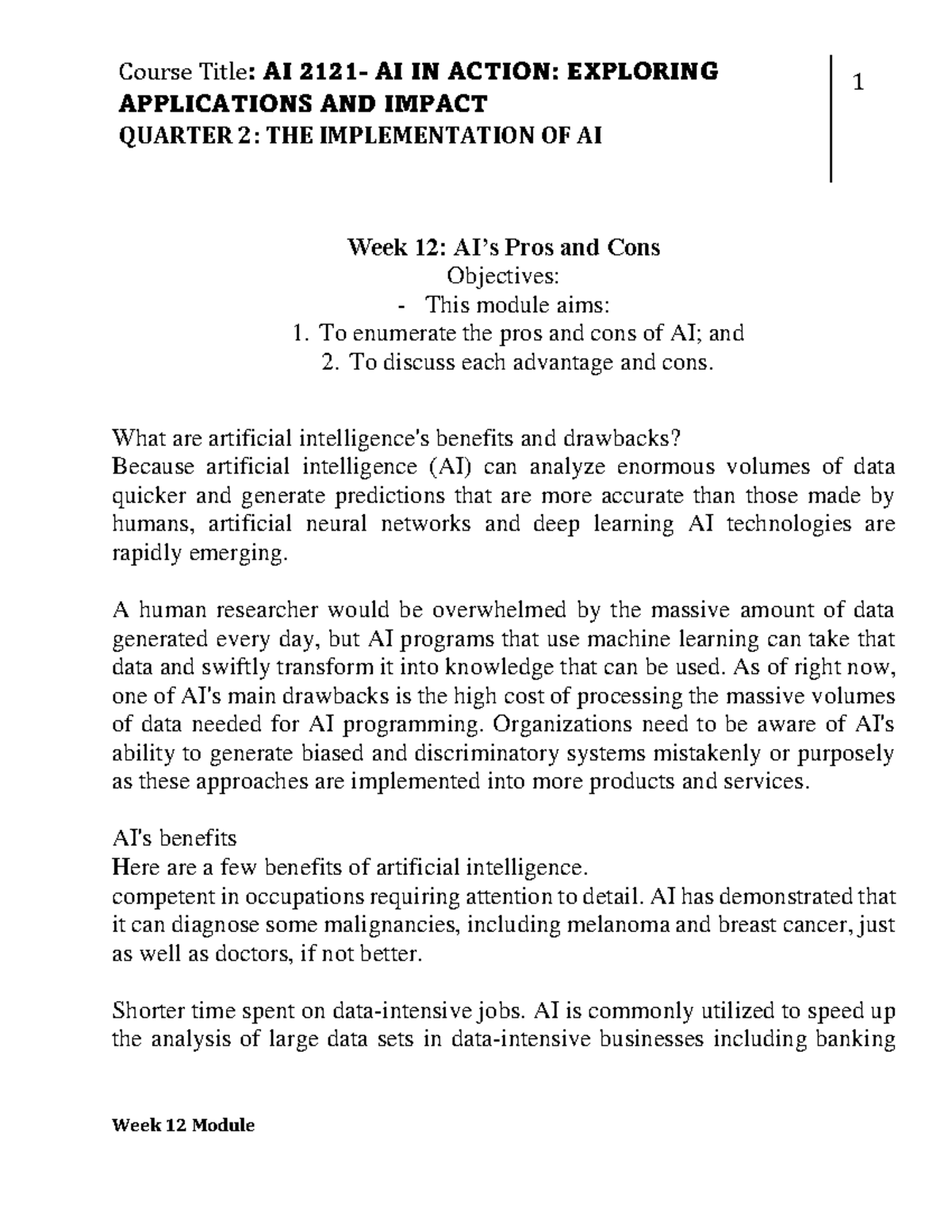AI 2121 W12 - Pros and Cons of Artificial Intelligence: Overview and ...