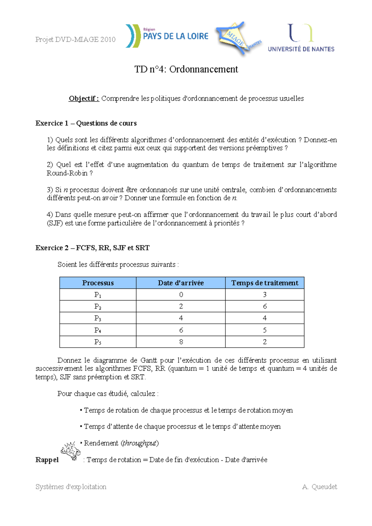 TD4: Ordonnancement des Processus - Algorithmes & Exercices Techniques - Studocu
