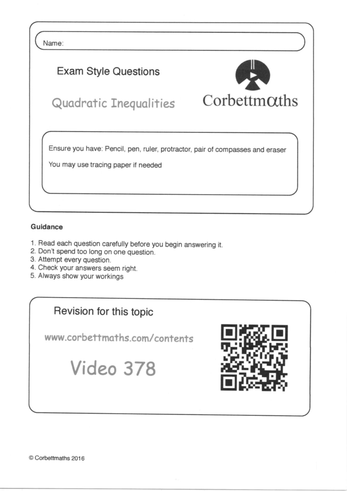 Quadratic-inequalities-answers - Name: Exam Style Questions Quadratic ...
