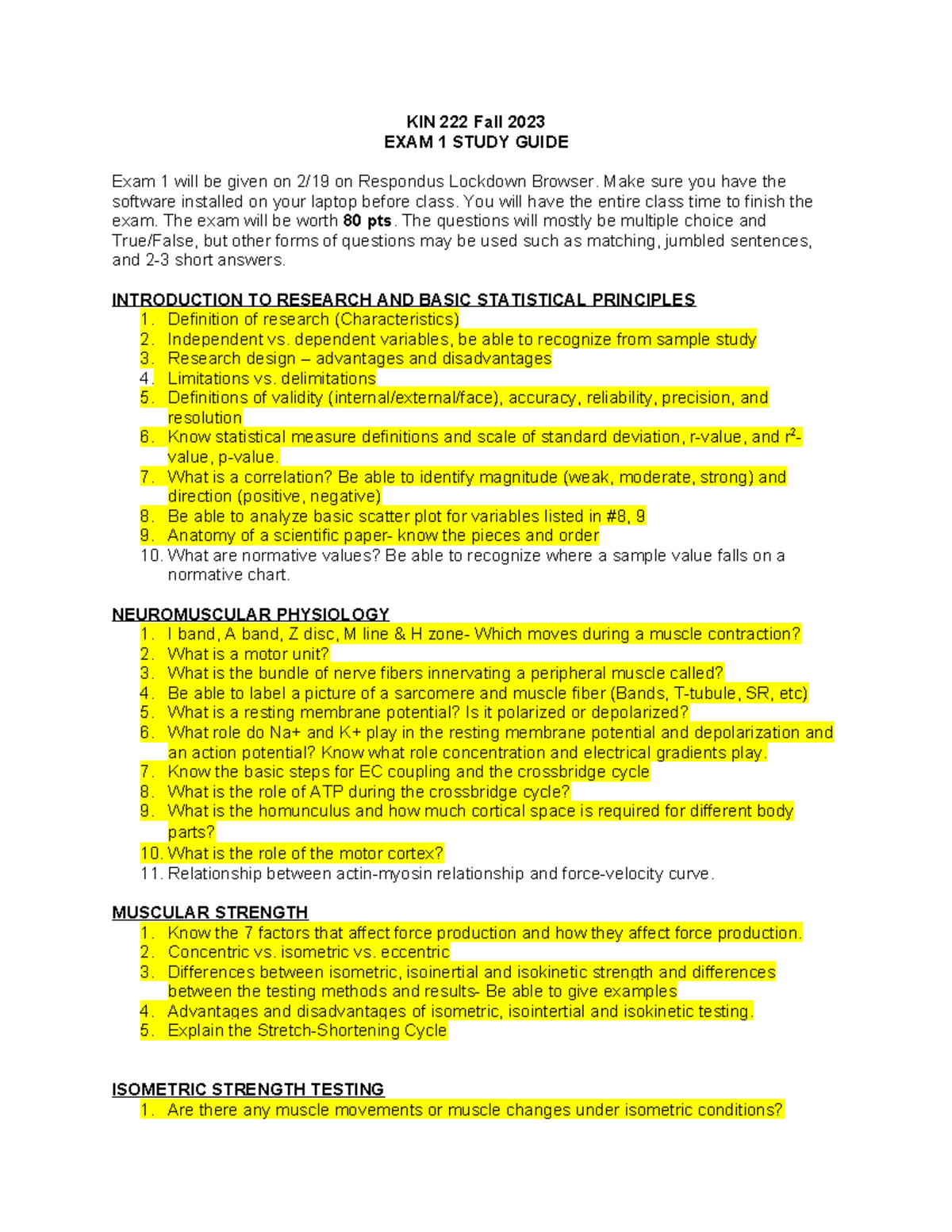 KIN 222 Fall 2023 Exam 1 Study Guide: Research & Physiology Concepts ...