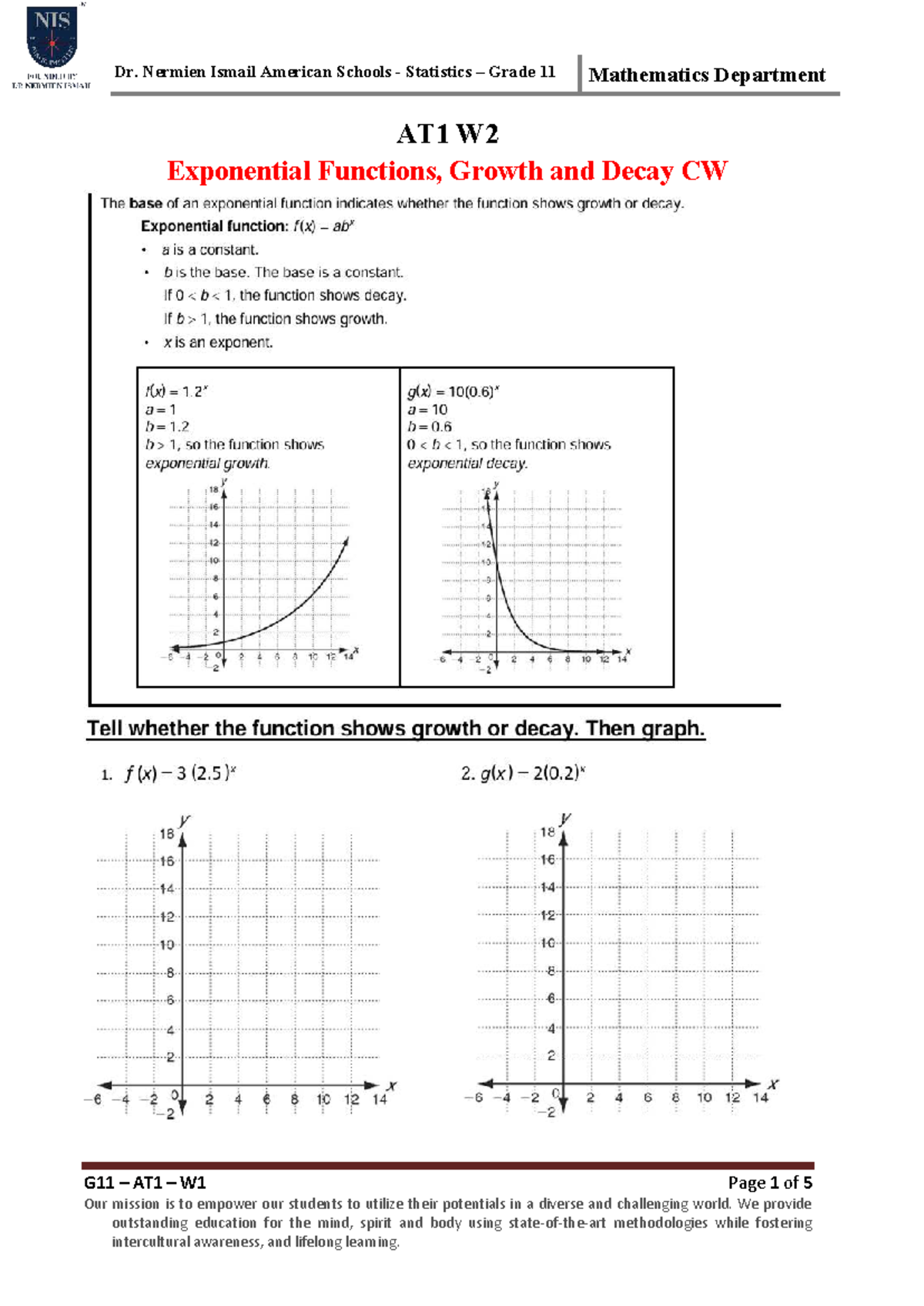 G11 AT1 W1 Exponential Functions: Growth & Decay Overview - Studocu