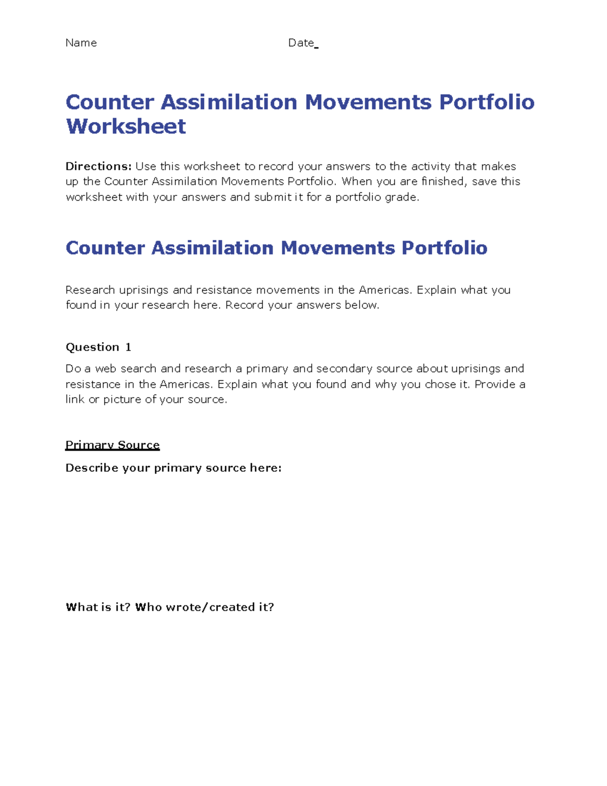 Sem B Counter Assimilation Movements Portfolio Worksheet - Name Date ...