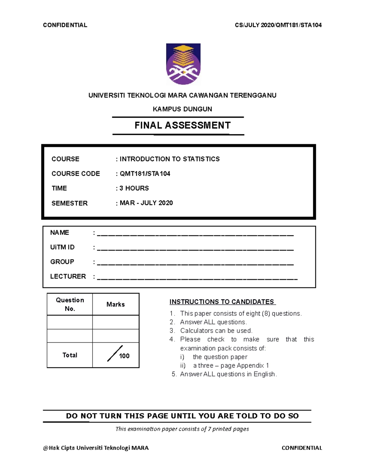Final examination 2021 STA104 - UNIVERSITI TEKNOLOGI MARA FINAL ...