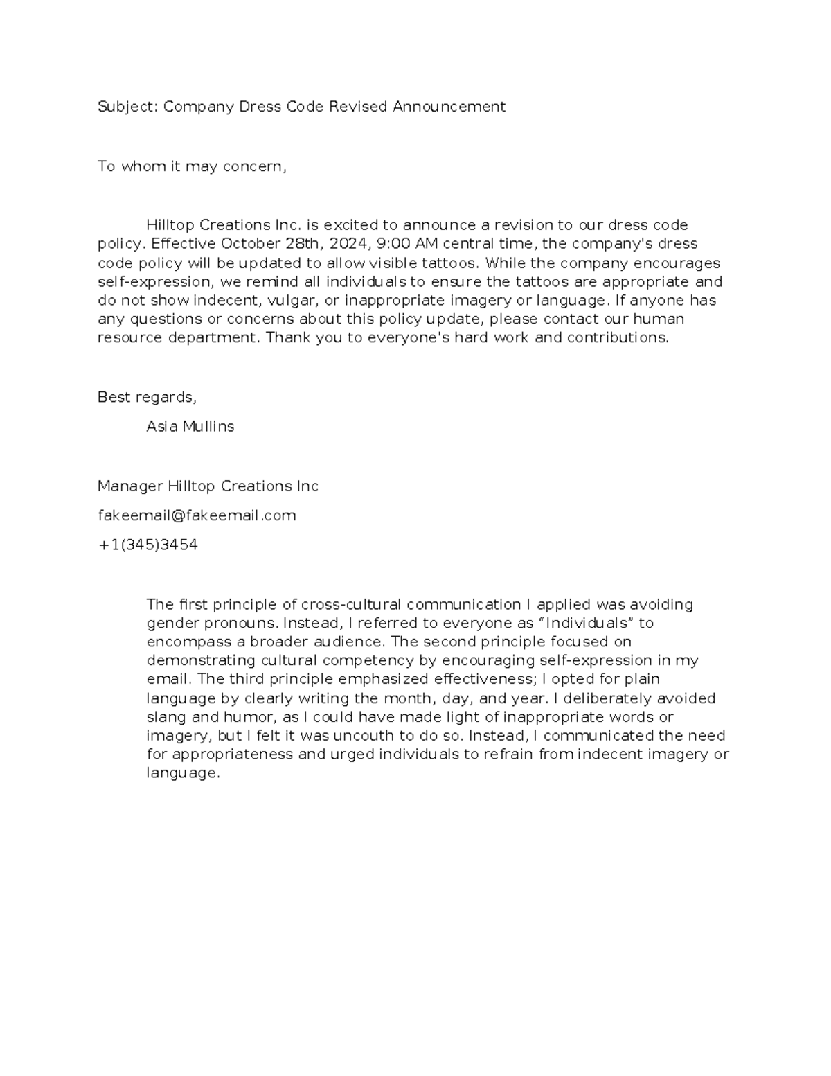 Task 1 D270 Professional Email on Dress Code Revision by A. Mullins ...