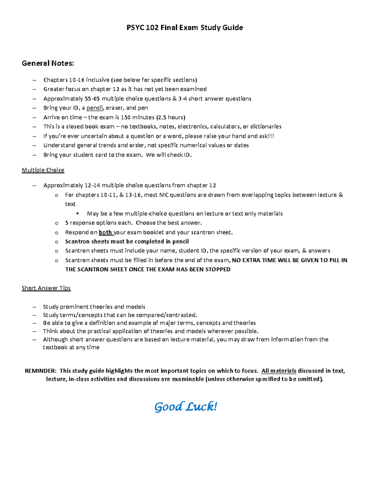 PSYC 102 2026 Final Exam Study Guide: Key Topics & Strategies - Studocu