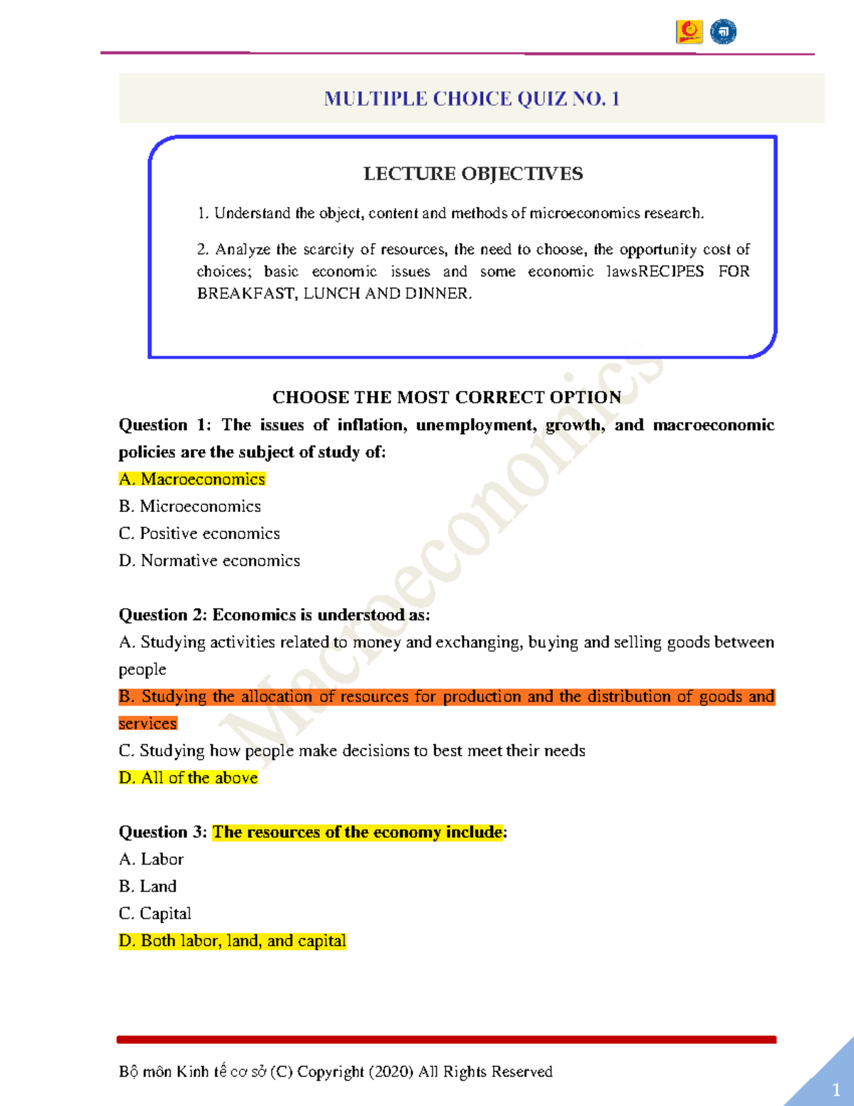 LECTURE NOTES: Microeconomics Concepts & Multiple Choice Questions (C ...