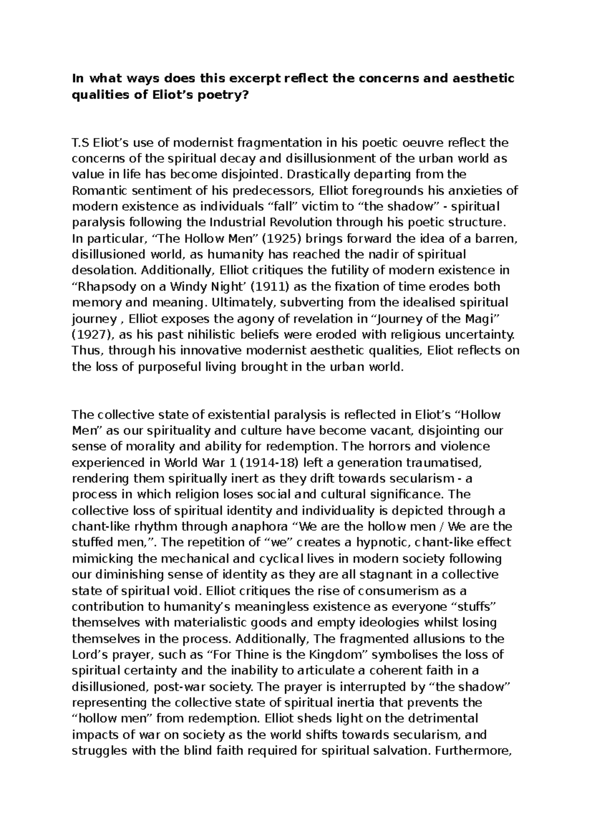 Module B: T.S. Eliot's Modernist Aesthetic and Spiritual Decay Essay ...