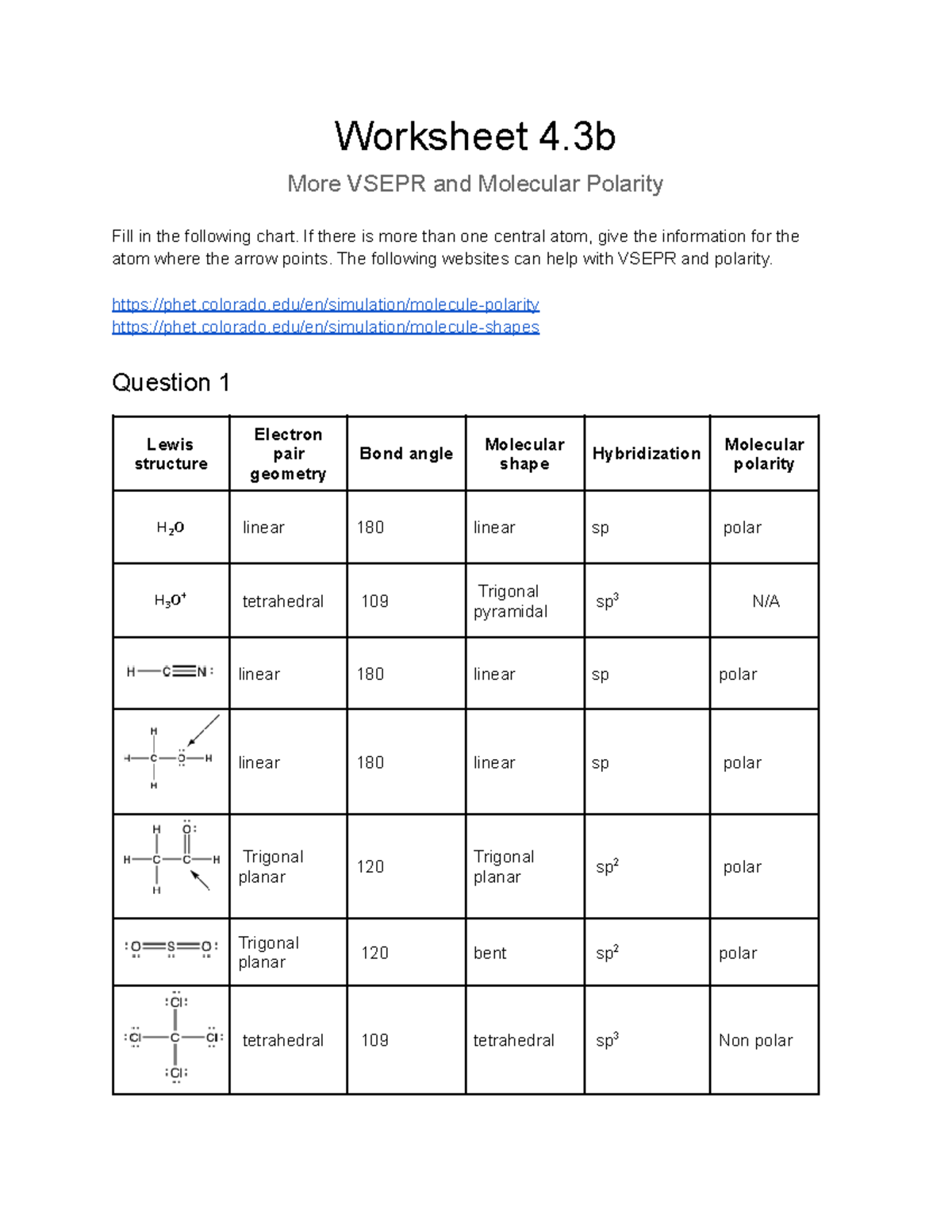 Worksheet 4.3b: VSEPR & Molecular Polarity Chart - Studocu