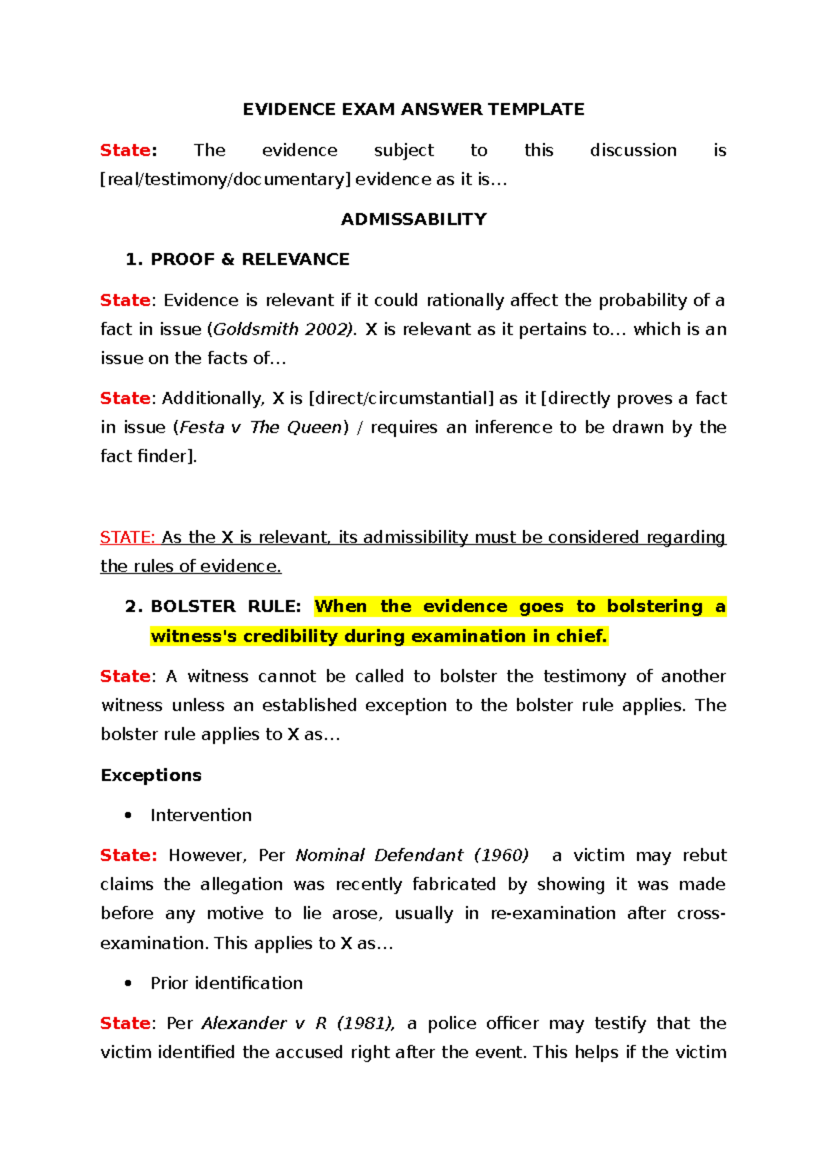 EVIDENCE 101: EXAM ANSWER TEMPLATE & ADMISSIBILITY RULES - Studocu