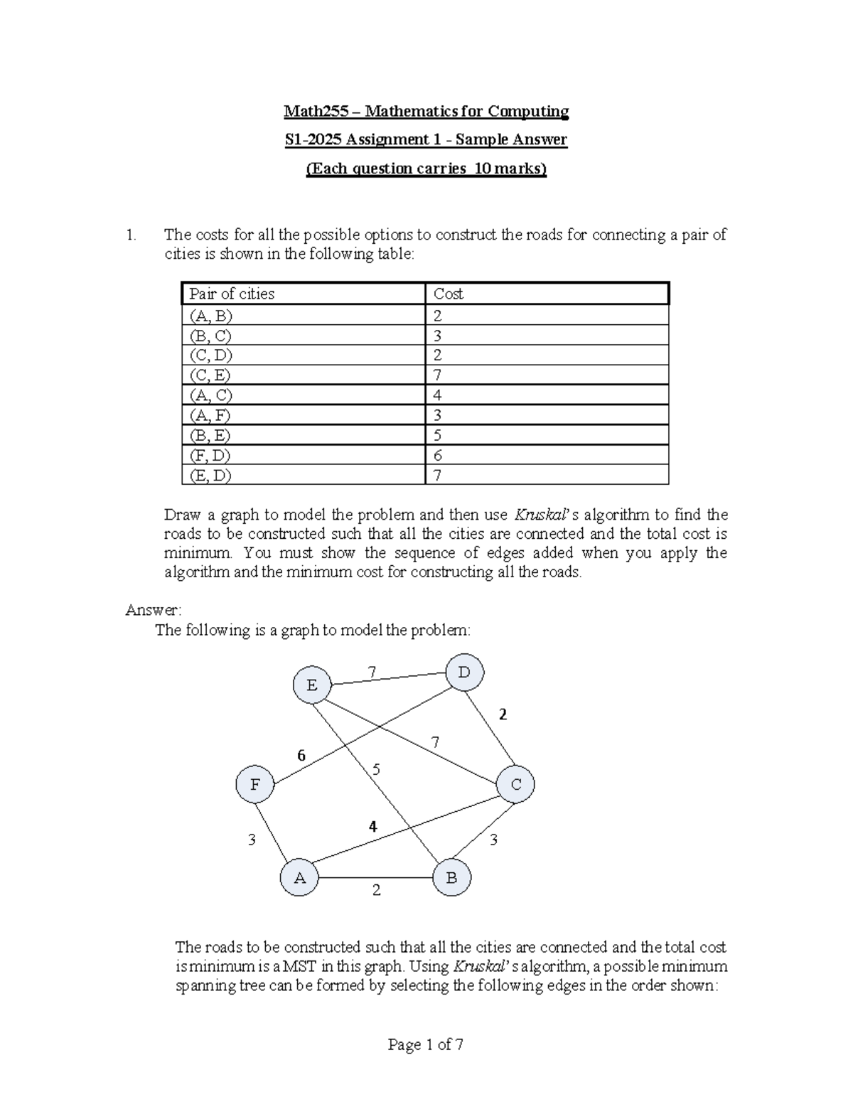 Math255 Mathematics for Computing Assignment 1 Sample Answer - Studocu