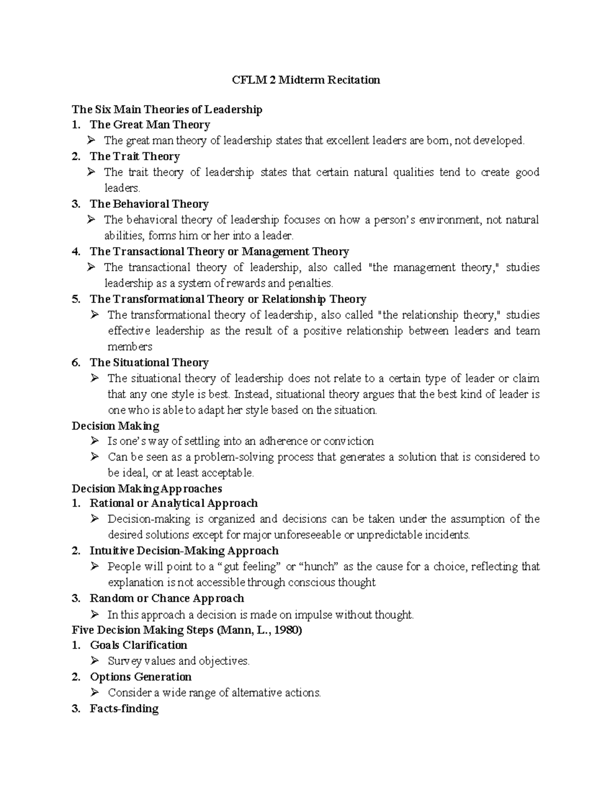 CFLM 2 Midterm Recitation: Key Leadership Theories Explained - Studocu