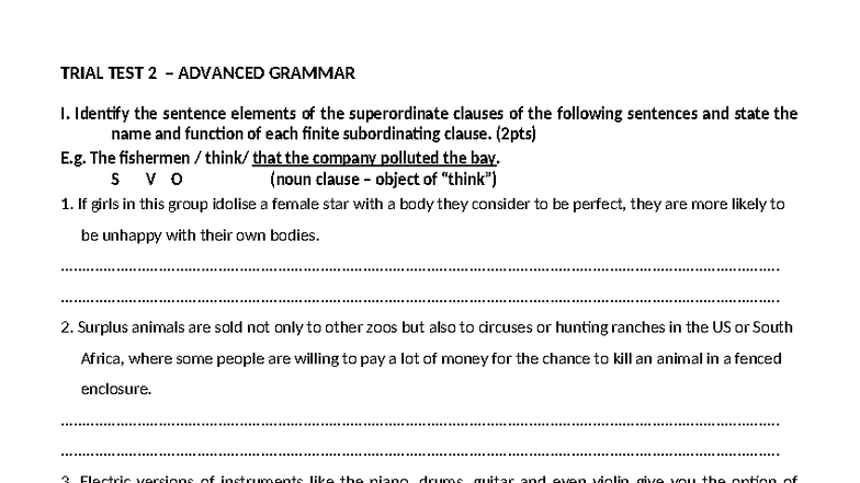 TRIAL TEST 2 ADVANCED GRAMMAR I: Sentence Structure Analysis - Studocu