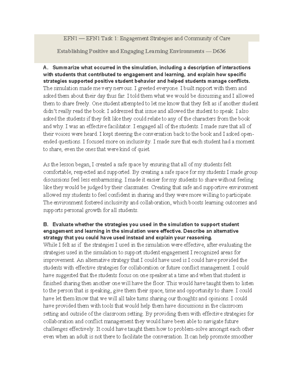 D636 Task 1: Engagement Strategies for Positive Learning Environments - Studocu