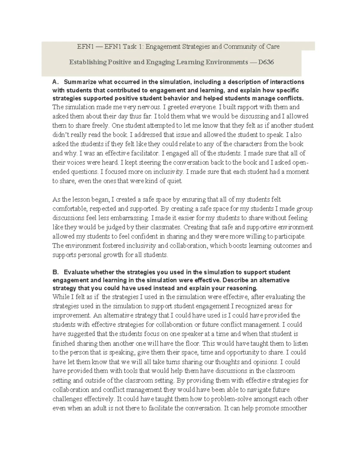 D636 EFN1 Task 1: Strategies for Positive Learning Environments - Studocu