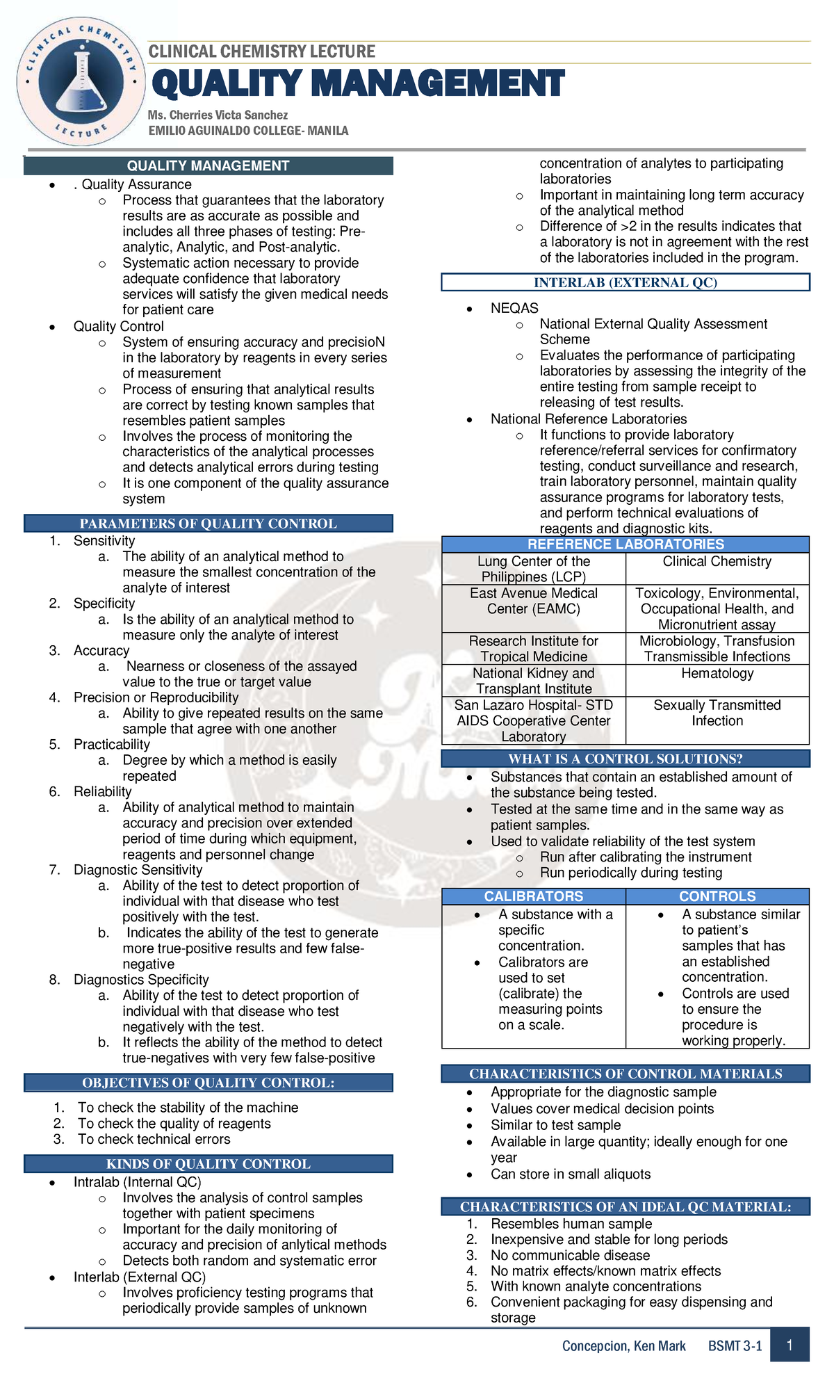 BSMT 1 CLINICAL CHEMISTRY LECTURE: QUALITY MANAGEMENT OVERVIEW - Studocu