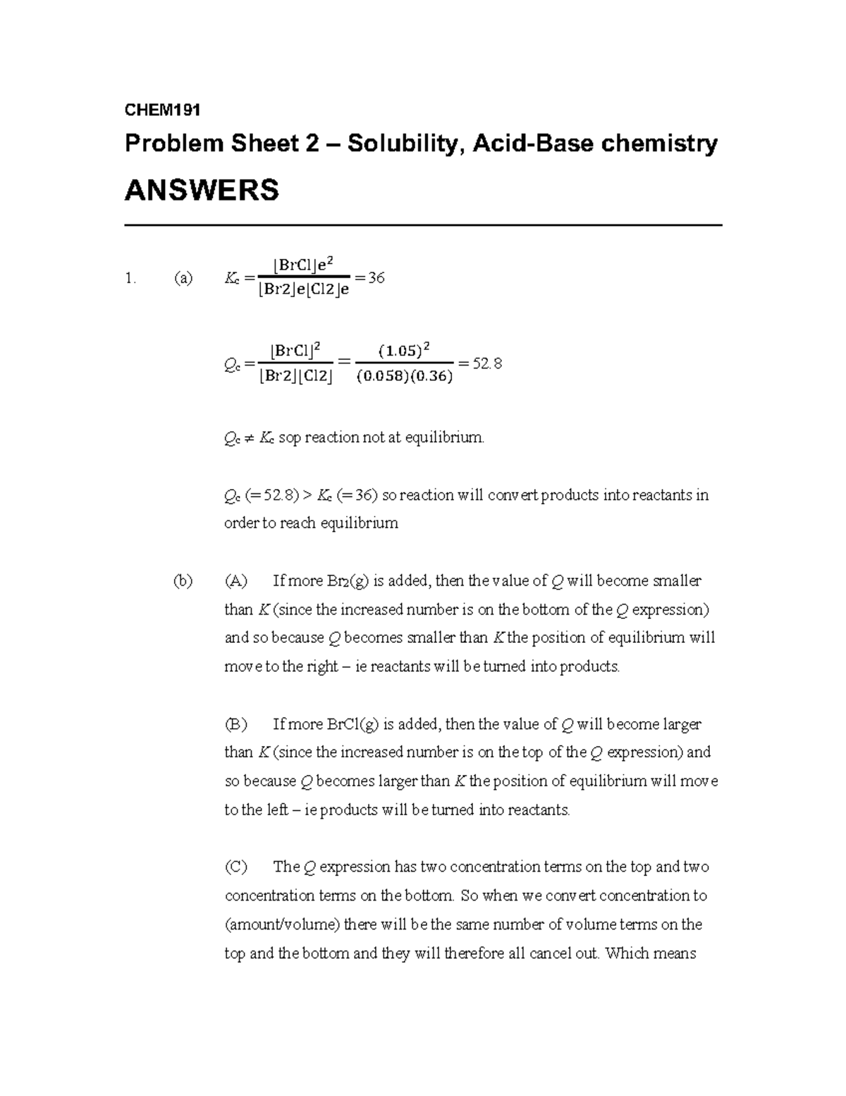 CHEM191 Problem Sheet 2: Solubility Answers and Explanations - Studocu