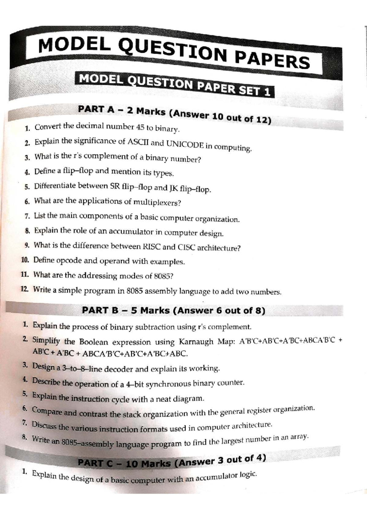MODEL QUESTION PAPER SET 1-5: Computer Architecture & 8085 Assembly ...