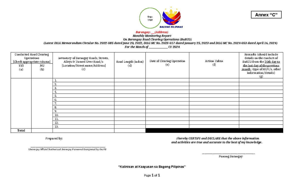 BARCO Monthly Report for Barangay Road Clearing Operations 2024 - Studocu