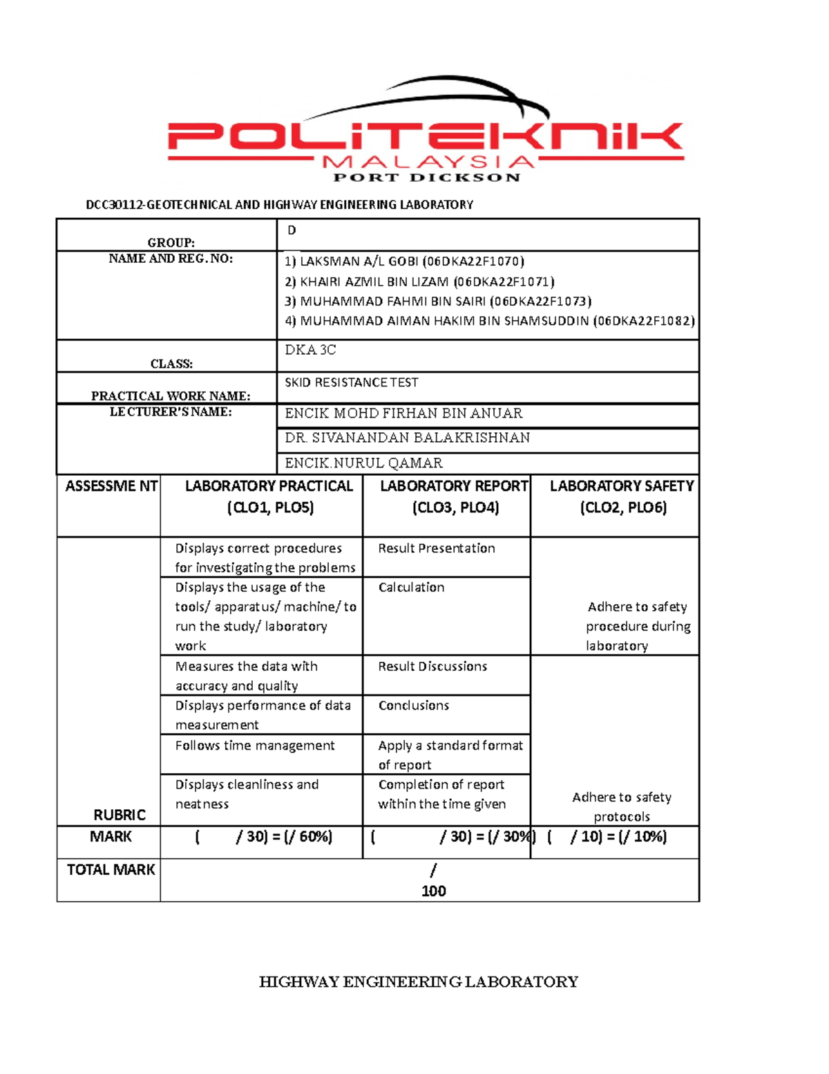 DCC30112 Skid Resistance Test Laboratory Report for Highway Engineering ...