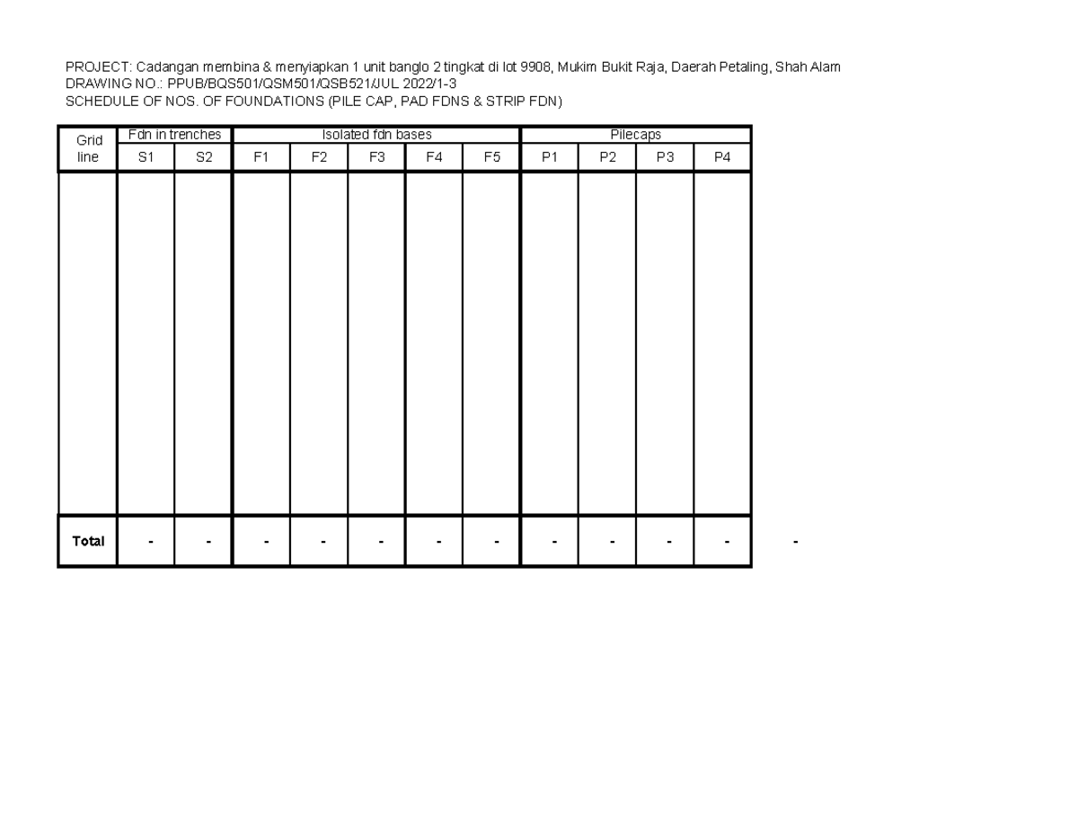 Drawing Schedule for Foundations & Column Stumps - (BQS501/QSM501 ...