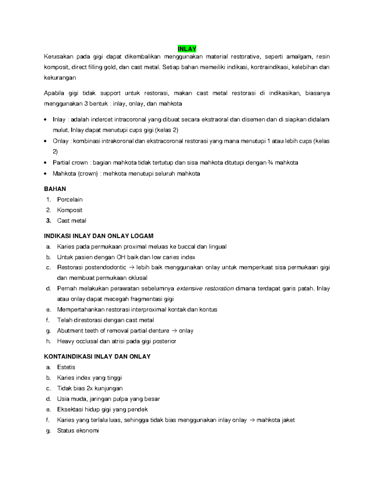 Inlay Restorasi Gigi: Indikasi dan Prosedur Perawatan Gigi - Studocu