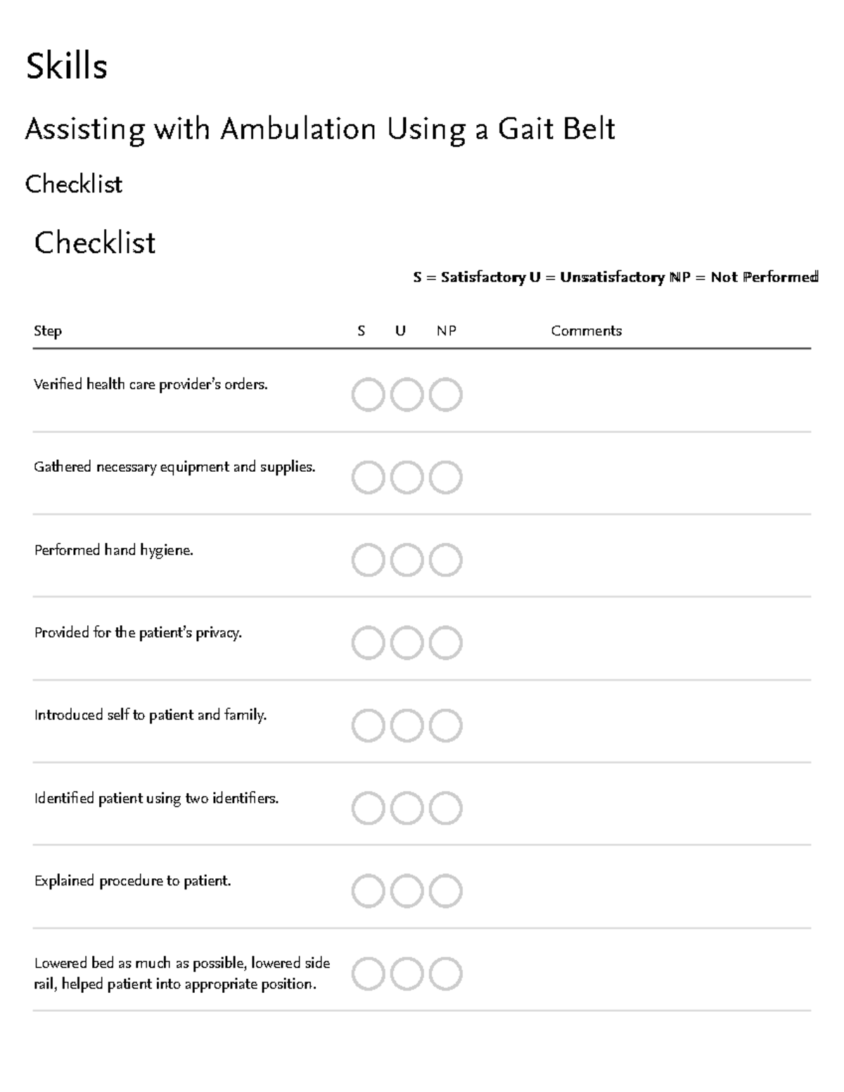 Skills for Assisting Ambulation with Gait Belt: Checklist S/U/NP - Studocu