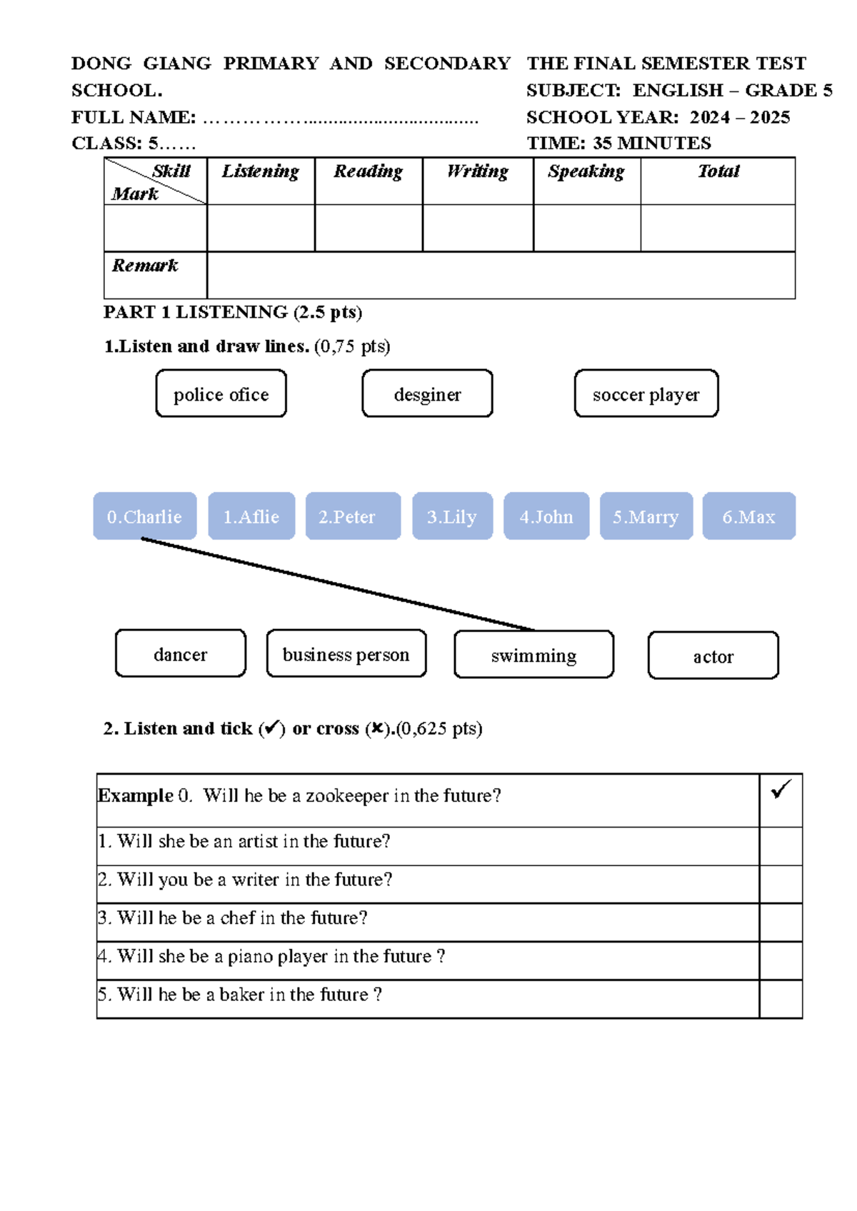 De Thi Hoc Ki 2 - English Final Exam Grade 5 (2024-2025) - Studocu