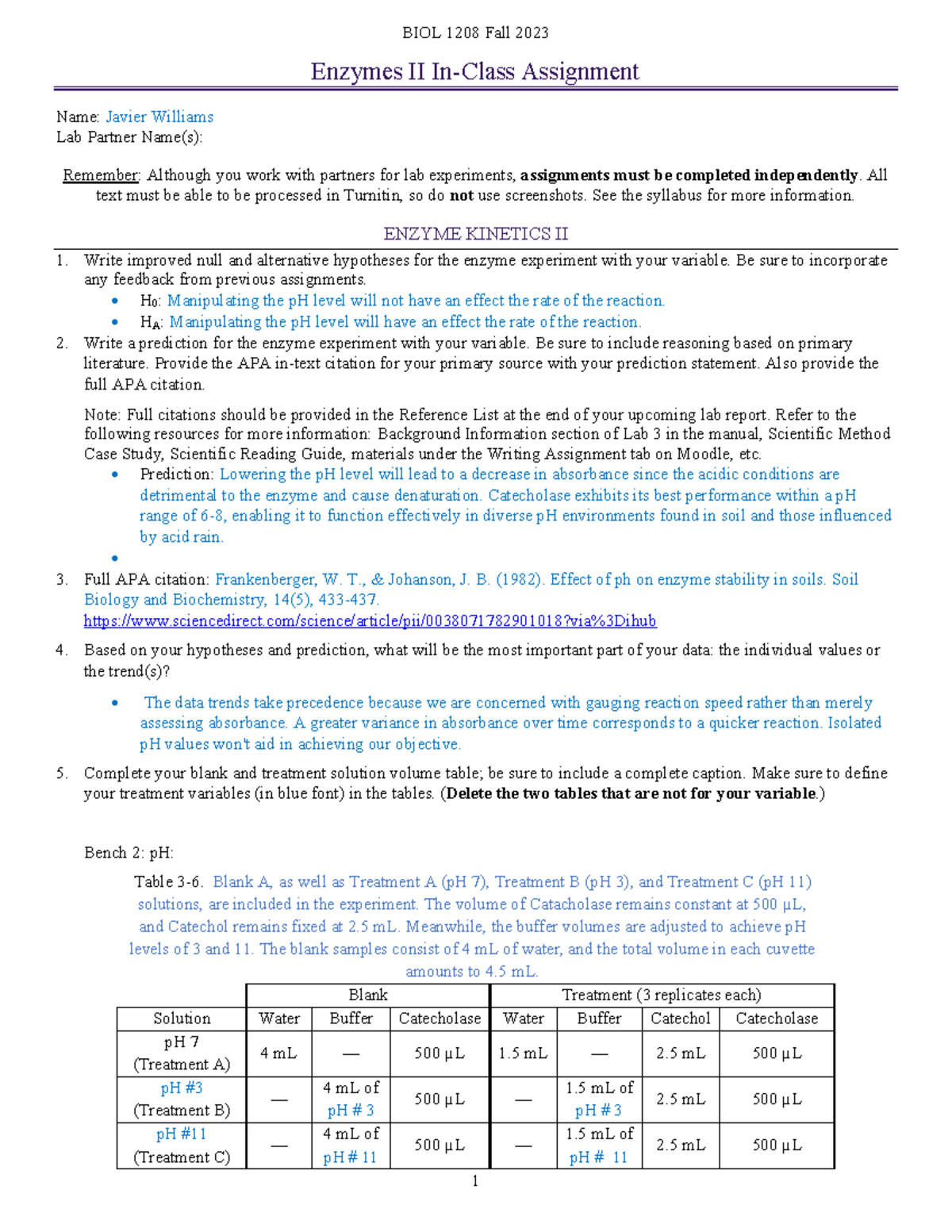 BIOL 1208: Enzymes II In-Class Assignment for Fall 2023 - Studocu