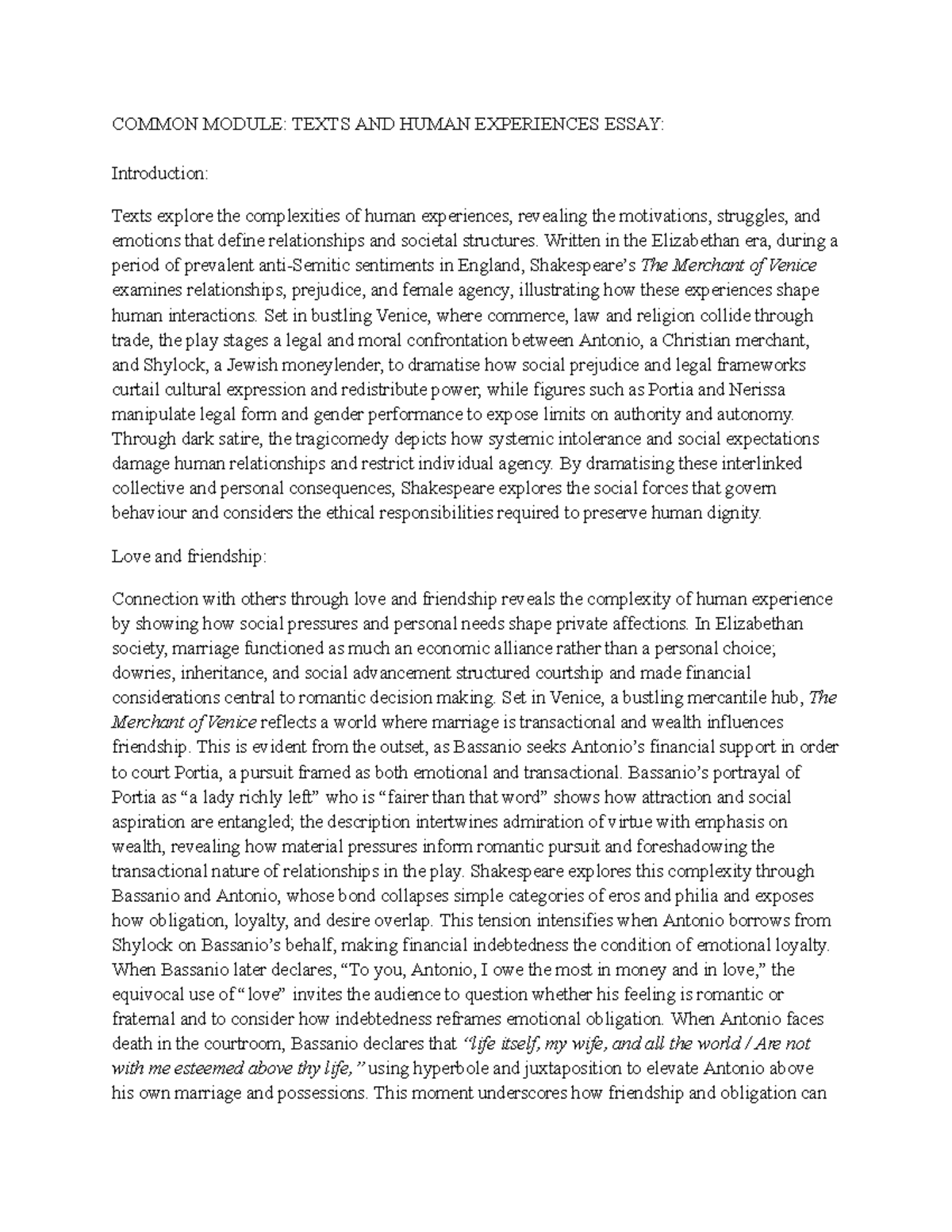 COMMON MODULE: TEXTS AND HUMAN EXPERIENCES ESSAY ANALYSIS - Studocu