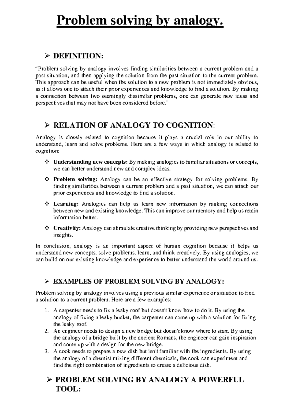 Cognitive Psychology: Problem Solving by Analogy Notes (PSA 101) - Studocu