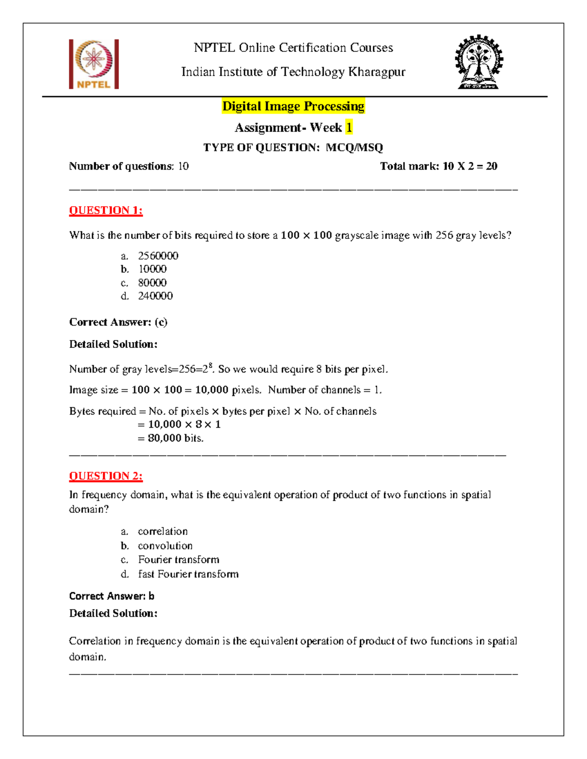 Week 1 Assignment - Digital Image Processing (DIP) - Studocu