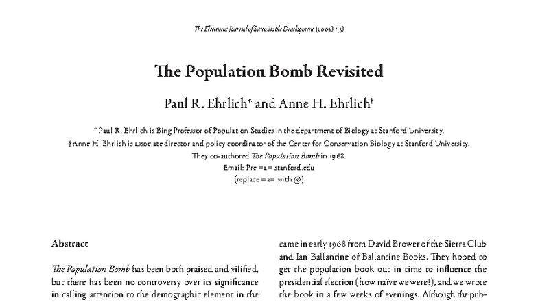The Population Bomb Revisited: Insights from Ehrlich (2009) - Studocu