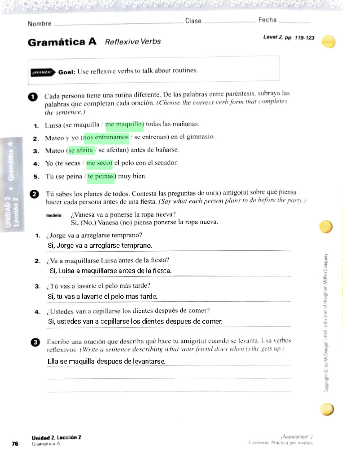 Gramática A y B: Verbos Reflexivos - Clase 2, Nivel 2 - Studocu