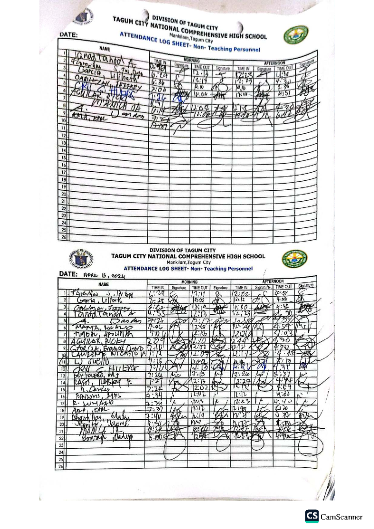 TAGUM CITY NATIONAL COMPREHENSIVE HIGH SCHOOL Attendance Log - April 13 ...