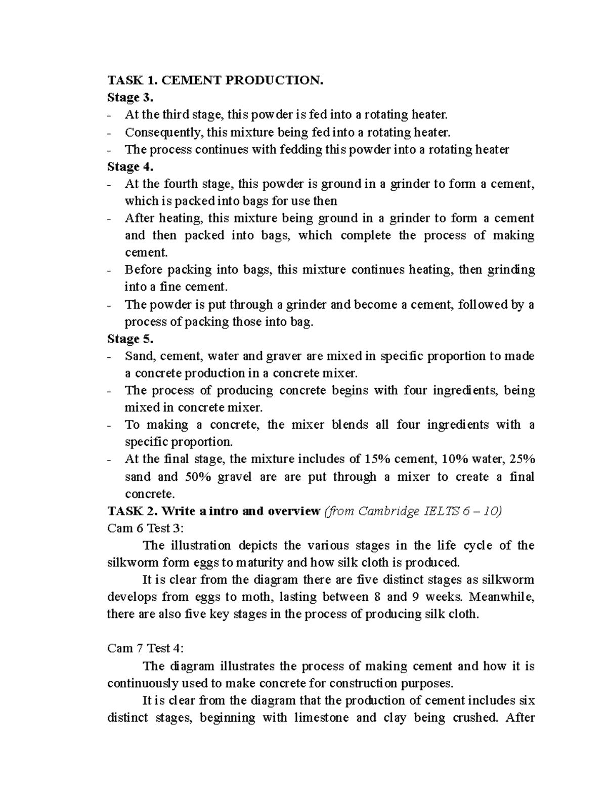 CEMENT PRODUCTION & CONCRETE MAKING: Stages Overview (TASK 1 & 2) - Studocu