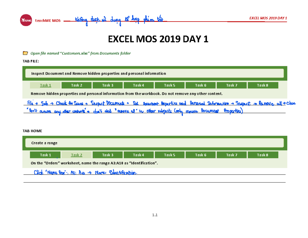 EXCEL MOS 2019 DAY 1: Workbook Tasks and Formatting Guide - Studocu