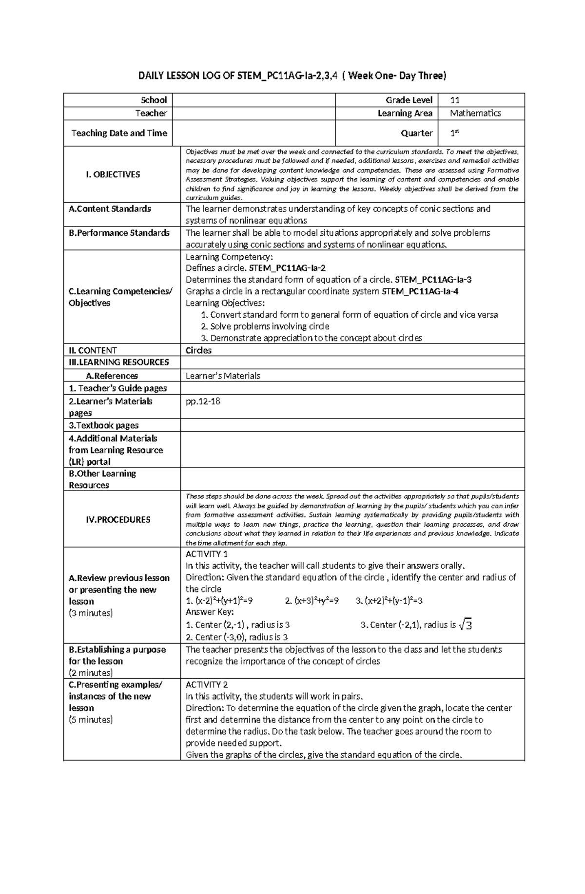DAILY LESSON LOG: Precalculus 11 - Understanding Circles and Equations ...