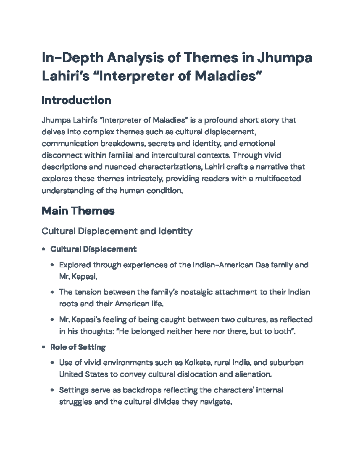 In-Depth Analysis of Themes from Jhumpa Lahiri's "Interpreter of ...