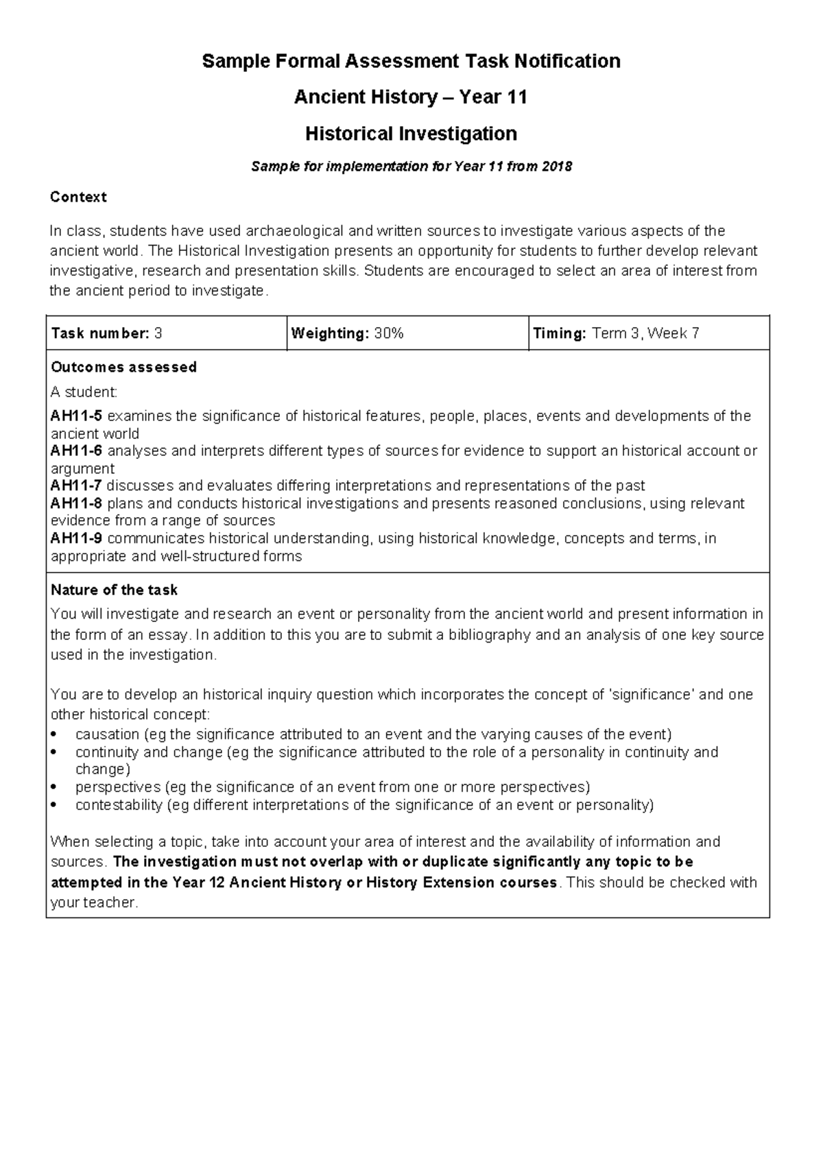 Ancient history stage 6 year 11 sample formal assessment task ...